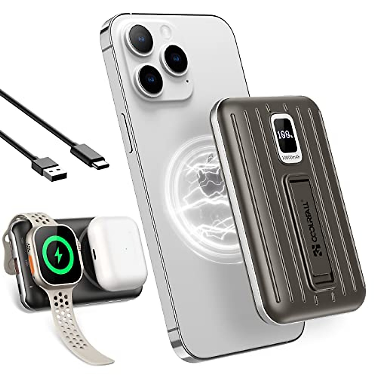 Coolreall 【4 in 1】 Magnetic Wireless Power Bank, Slim 10000mAh Portable Charger with Phone Holder, 15W Type-C Fast Charger Mag-Safe Battery Pack Compatible with iPhone 14 13 12 iWatch Series