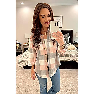 PRETTYGARDEN Women's 2023 Fall Clothes Plaid Shacket Jacket Long Sleeve Button Down Flannel Shirts Fashion Blouse(Pink,Medium)