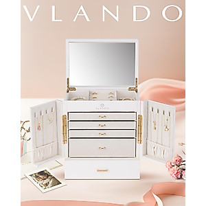 Vlando Large Jewelry Organizer Box for Women,Faux Leather Jewelry Storage with 5 Drawn,Watch Necklace Rings Earrings Case for Mothers Day Gift for Mom Wife Women（Apricot White）