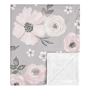Sweet Jojo Designs Grey Watercolor Floral Baby Girl Blanket Receiving Security Swaddle for Newborn Toddler Nursery Car Seat Stroller Minky - Blush Pink Gray White Shabby Chic Rose Flower Farmhouse