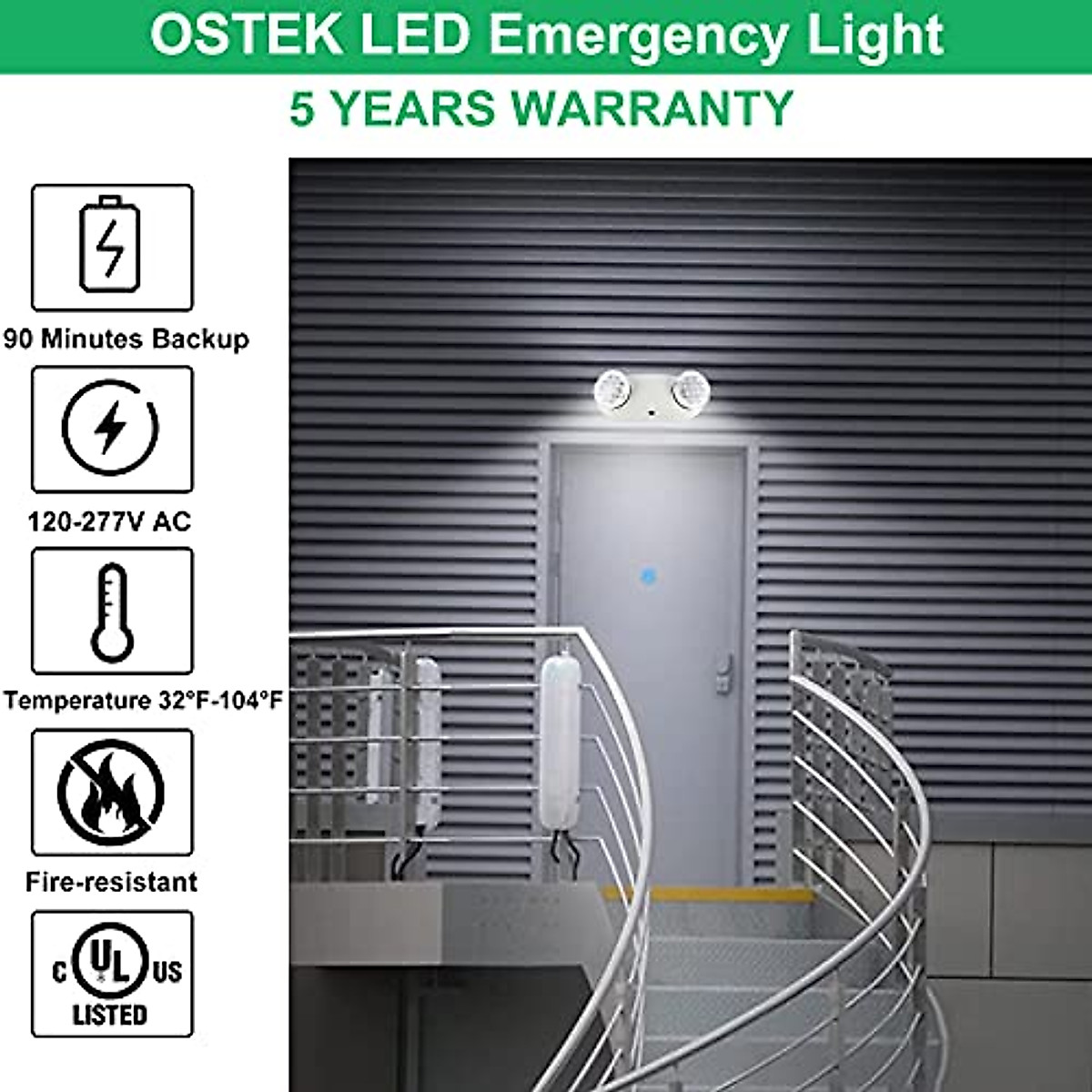 LED Emergency Exit Light with 2 Adjustable Head Flood Lights, OSTEK Emergency Lights for Business, 90min Backup Battery, Fire Resistant 120-277V (UL 94V-0) (1pack)