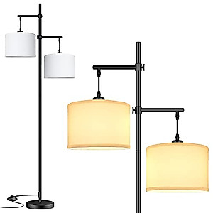 Modern Farmhouse Floor Lamp for Living Room, 2-Light 69.3in Tall Standing Lamp for Bedroom Office, Black Industrial Pole Light Reading Lamp, Stand Up Lights with White Fabric Shades & Foot Switch