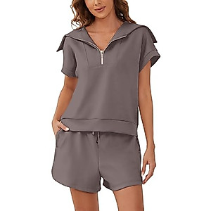 calbatic Women Casual Two Pieces Outfits Half Zip Lapel Collar Short Sleeve Sweatshirt High Waisted Shorts Tracksuit Sets