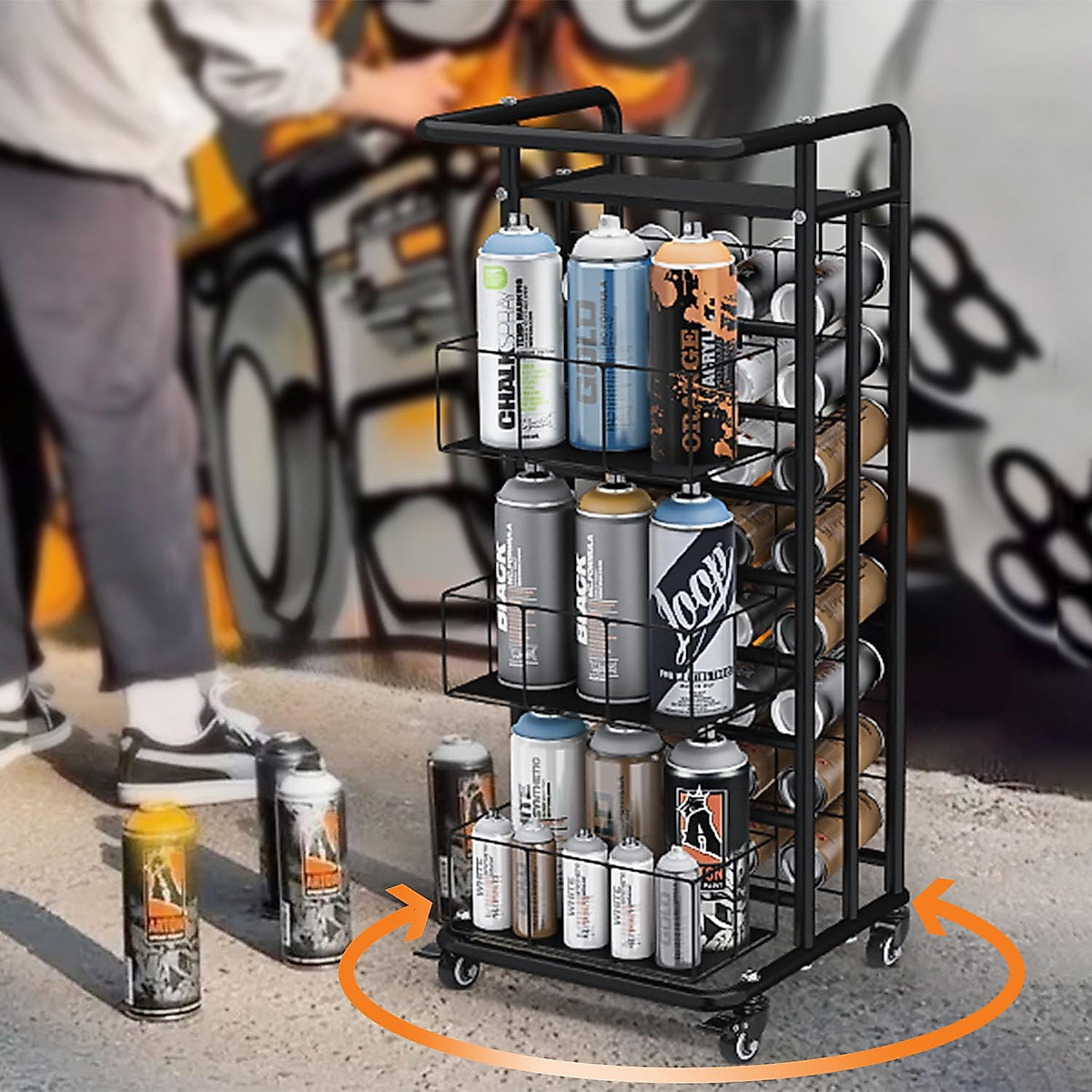 Nisorpa Spray Paint Can Holder 32 Slots Aerosol Can Storage Rack 8-Tier Metal Lube Can Holder Movable Spray Can Organizer Cart with 3 Baskets for Garage Craft Workroom Shop-1pc,Black
