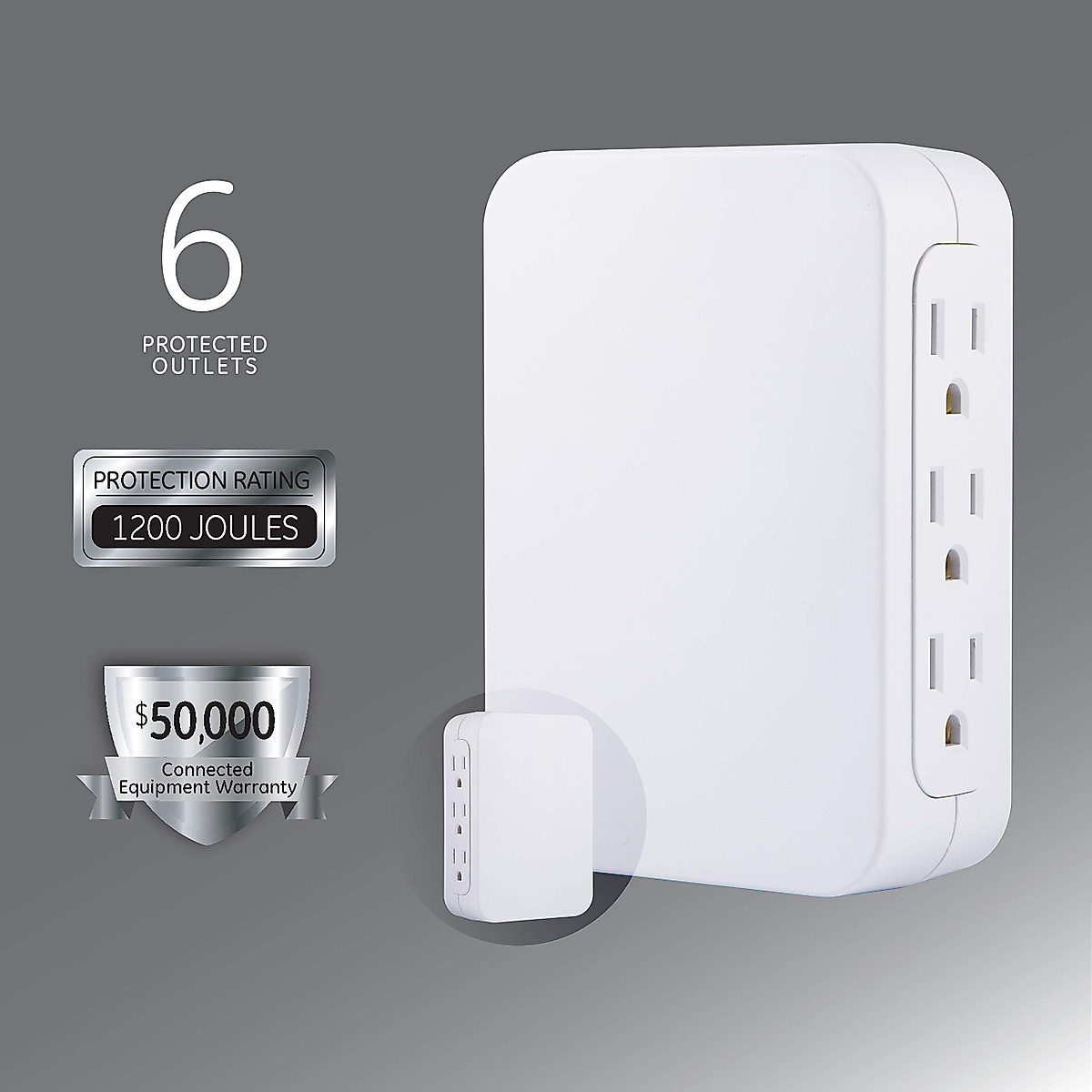 GE Pro 6 Outlet Wall Tap Surge Protector, Side Access, Power Outlet Adapter, 1200 Joules & Pro Side-Access Swivel Surge Protector, 6-Outlet Wall Tap, 3 Prong, 1200 Joules, 120V AC, 15A, 1800W, White