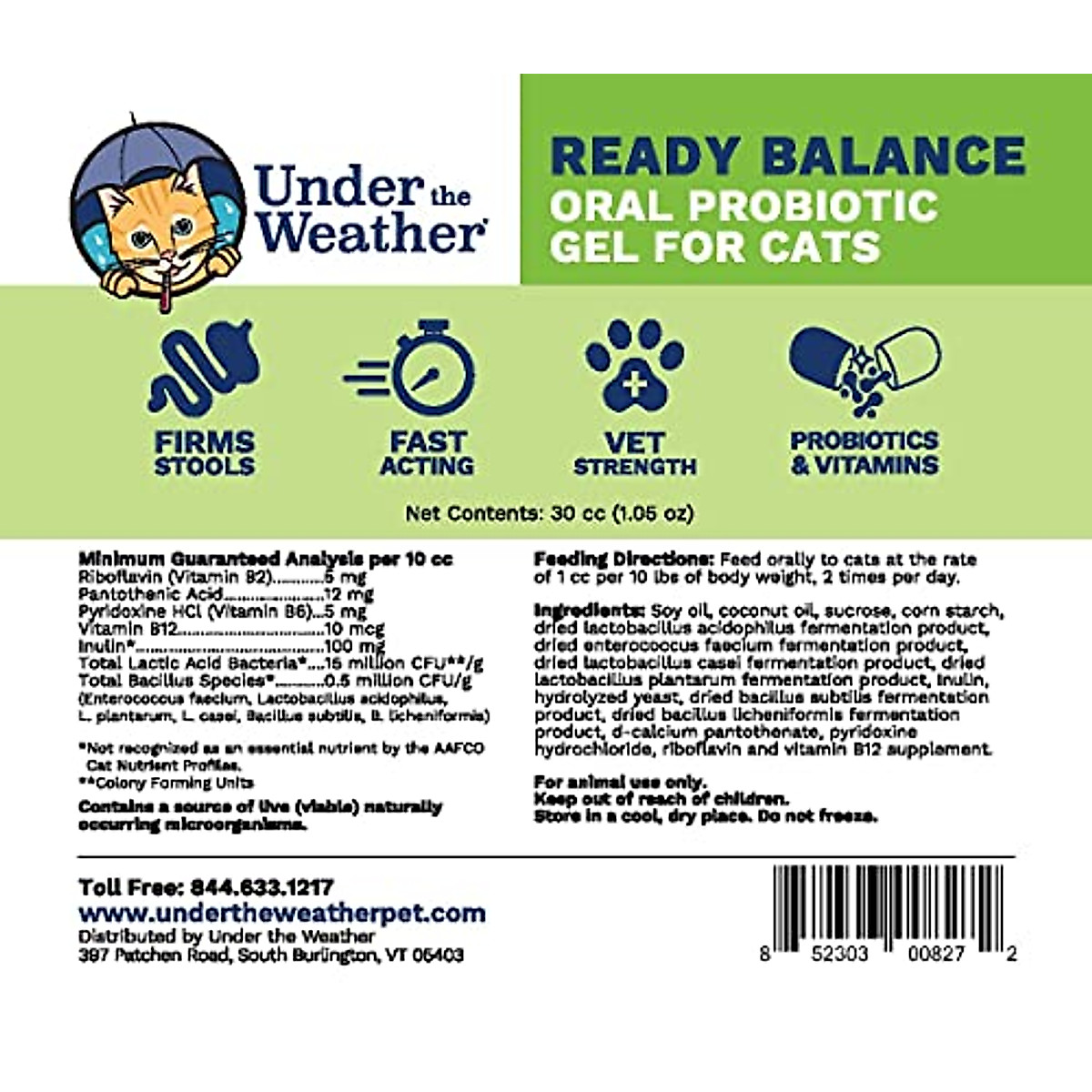 Under the Weather Pet | Ready Balance for Cats | Oral Probiotic and Prebiotic Gel | Maximum Strength Digestive Support | Beneficial Bacteria, Live Probiotics, Vitamins & Prebiotic Inulin
