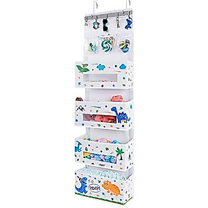 WERNNSAI Dinosaur Door Hanging Organizer - Over Door Storage with 4 Large Pockets 3 Clear Small Pockets for Kids 49” x 14” x 5” Baby Storage Toys Towels Sundries for Children Room Bedroom Kitchen