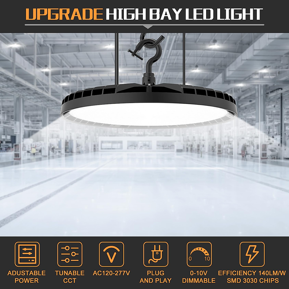 2 Pack High Bay LED Lights 150W 100W 80W Adjustable, 21,000LM 140LM/W High Bay LED Shop Lights 3000K 4000K 5000K Tunable CCT, UFO LED Warehouse Lights for Commercial Workshop Factory AC100-277V