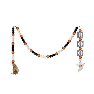 5ft Halloween Wooden Beaded Boo Ghost Garland with Tassels Multi Color Wood