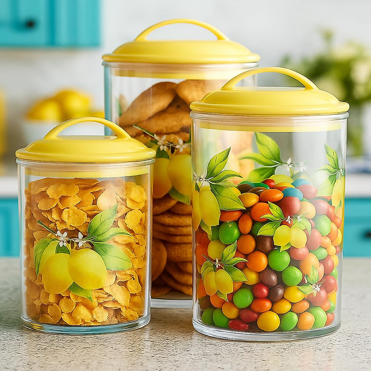 Reston Lloyd Calypso Basics, Airtight, Fresh Lemons with Honey Bees 6pc Acrylic Canister Set, Air Tight Lids, Set of 3, 11419