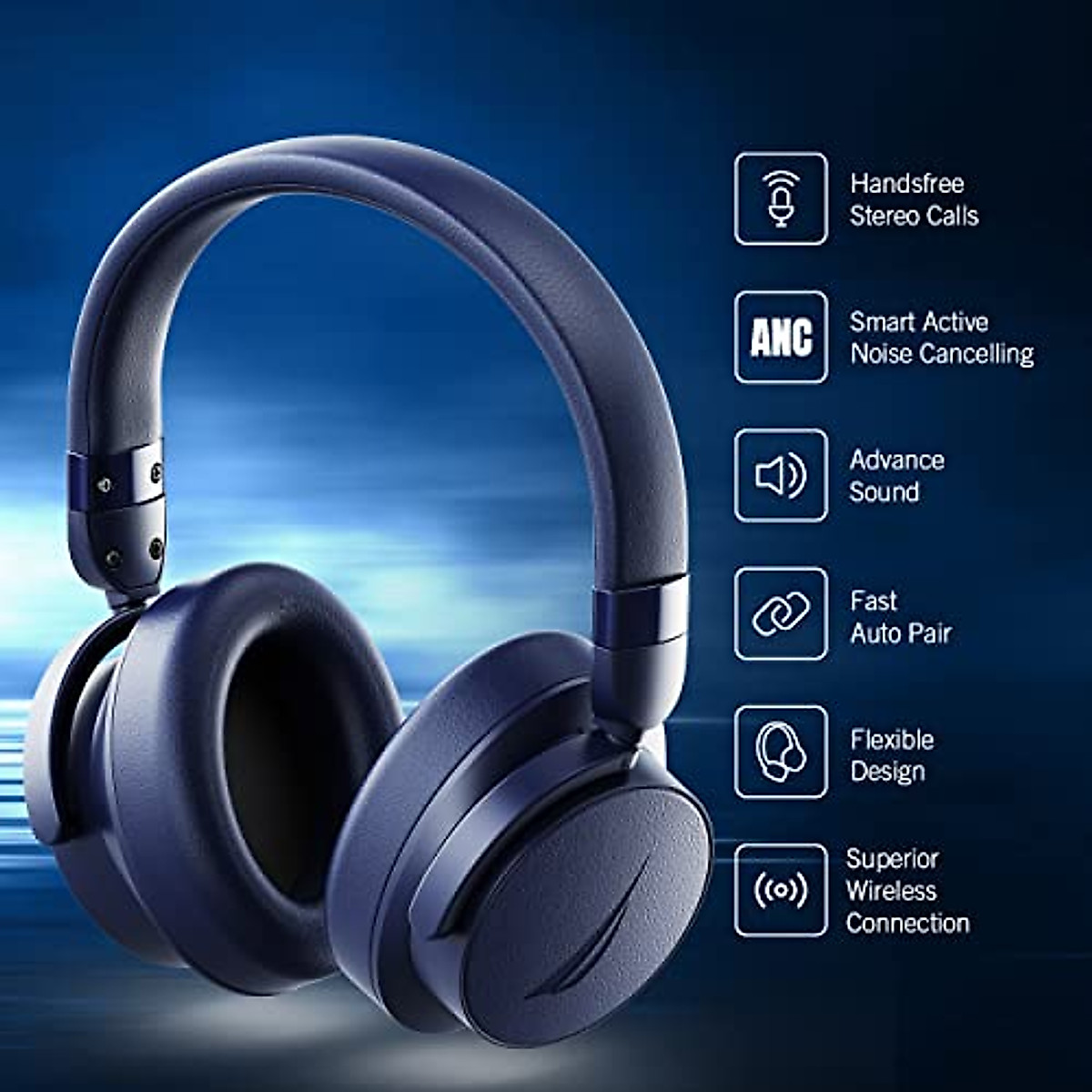 NAUTICA H400 Noise Cancelling (ANC) Bluetooth Headphones, On-Ear Wireless Headphones with Built-in Microphone Bluetooth v5.0 Wireless and Wired Stereo Headset, Deep Bass, Lightweight, Adjustable(NAVY)