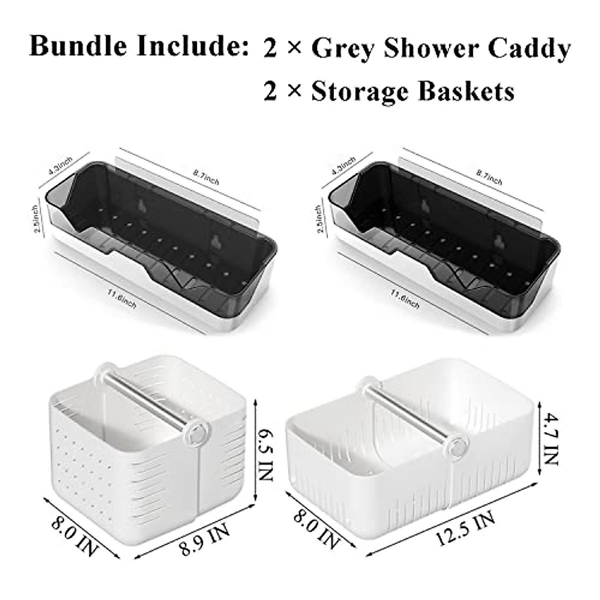 WeshyiGo 2-Pack Grey Shower Caddies and 2 Pack Deformable Plastic Shower Caddy Basket,with handles, Portable Bathroom Caddy Basket, For Bathroom、 room、 Kitchen and College Dorm（White）
