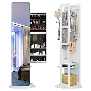LVSOMT 360° Swivel Jewelry Armoire, Rotatable Full Length Mirror with Jewelry Storage, Standing Jewelry Cabinet with Coat Rack, White, Soild Wood