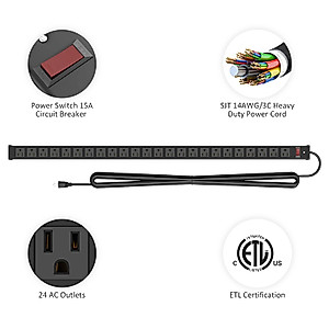 XBA 10 Ft Long Heavy Duty Power Strip with 24 Outlets Wall Mountable Power Strips with Long Extension Cord Power Strip with Multiple Flat Plugs for Home Office ETL Certified, Black