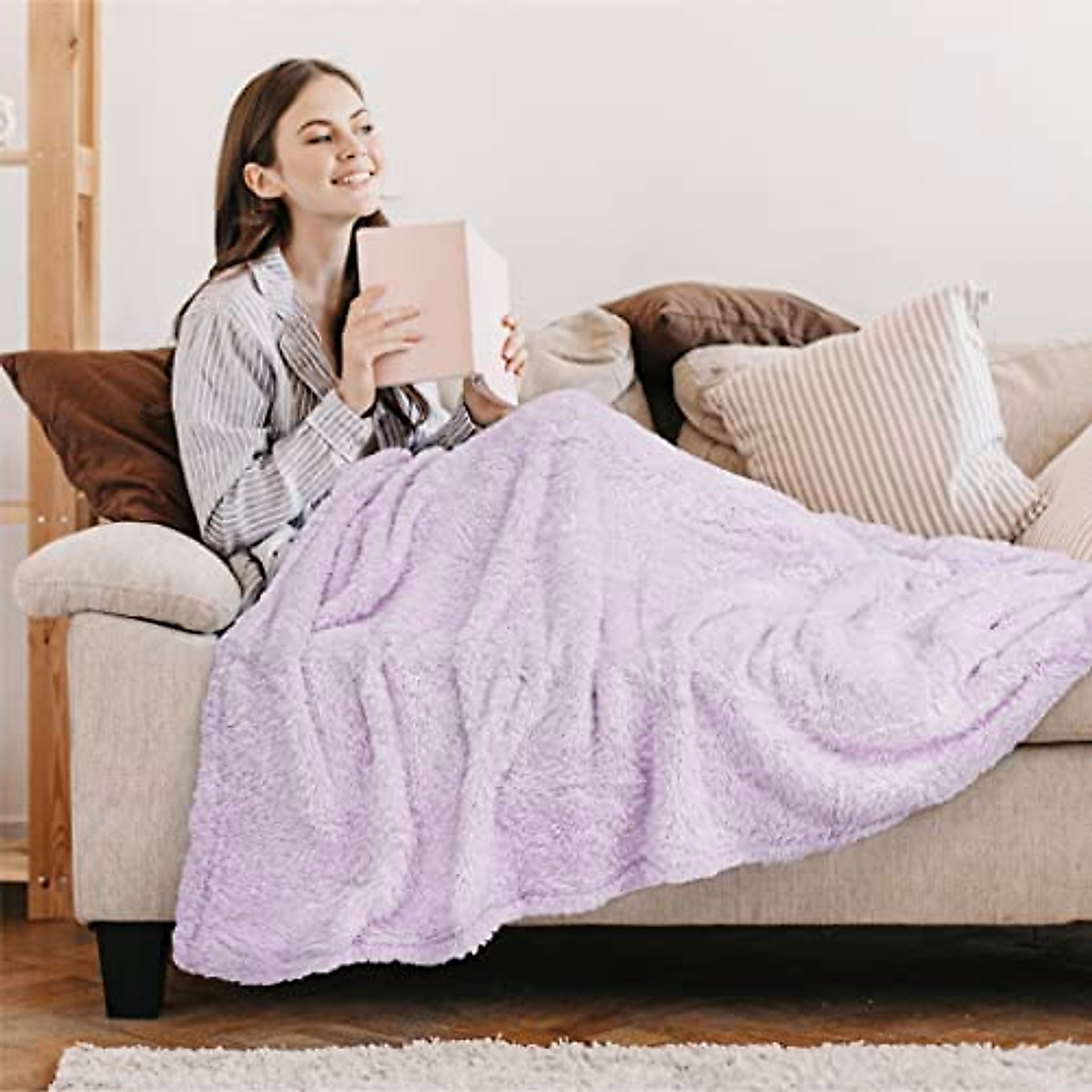PAVILIA Plush Sherpa Throw Blanket for Couch Sofa | Soft Fluffy Shaggy Fleece Blanket | Fuzzy, Cozy, Warm Microfiber Throw Solid Blanket, Lavender Light Purple, 50x60