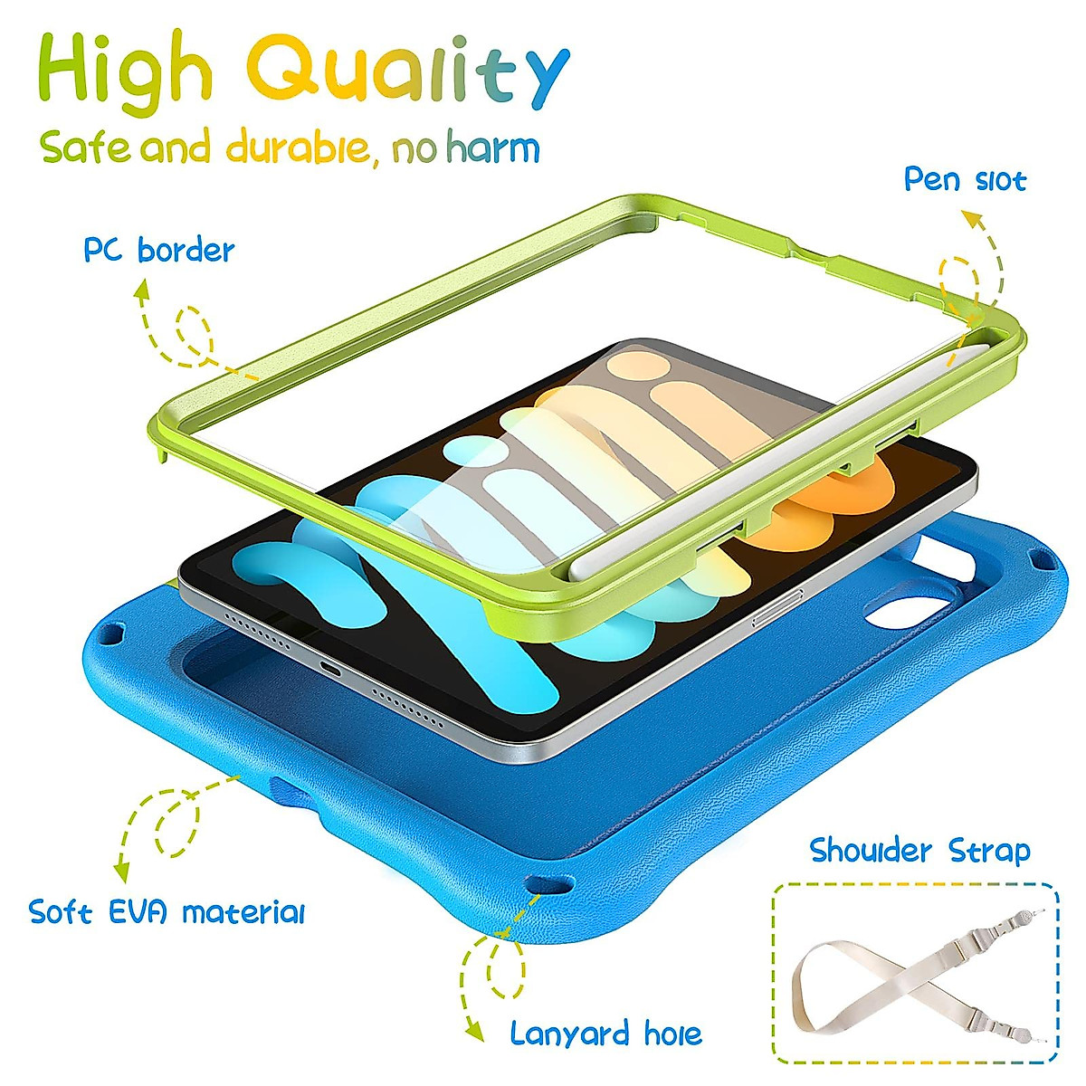 ZtotopCases Kids Case for New iPad Mini 6 2021(6th Generation), Built-in Screen Protector and Shoulder Strap, Shockproof Lightweight, Cover with iPad Pencil Holder for iPad Mini 6th Gen 8.3 Inch, Blue