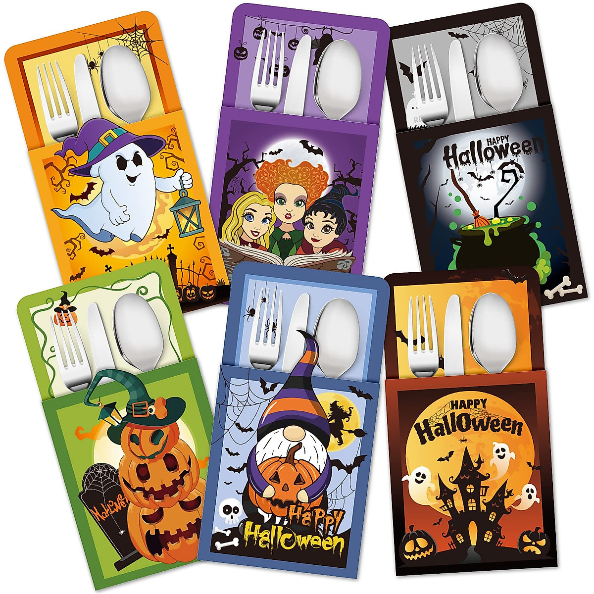 Whaline 18Pcs Halloween Cutlery Holder Set 6 Designs Witch Ghost Pumpkin Gnome Patterned Silverware Holder Paper Pocket Creepy Cartoon Tableware Utensil Holder for Dinner Party Supplies