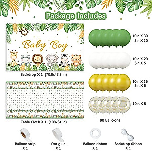 Jungle Safari Baby Shower Decorations for Boy, Animal Tablecloth Backdrop & Green White Gold Balloon Arch Set Sage Green Zoo Theme Baby Boy Party Decor Supplies