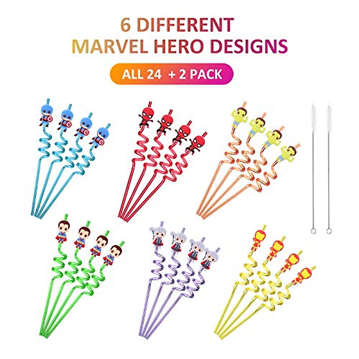 24 Superhero Party Favors Reusable Drinking Straws with Cartoon Decorations Great for Super Hero Birthday Party Supplies with 2 Cleaning Brush