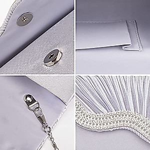 Larcenciel Clutch Purses for Women, Satin Pleated Evening Bag with Detachable Chain, Formal Glossy Envelope Clutch Handbag Shoulder Cross body Bag Bridal Clutch Wedding Clutch Prom Party Purse(Sliver)