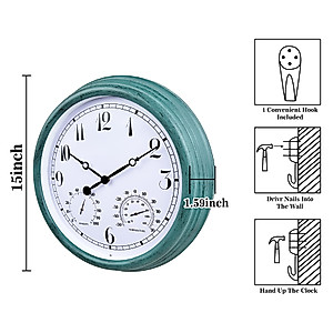 15 Inch Indoor/Outdoor Waterproof Wall Clock, Outdoor Clock with Thermometer and Hygrometer Combo, Retro Round Silent Battery Operated Quartz Wall Clock for Patio Home Bathroom Porch Pool (Green)