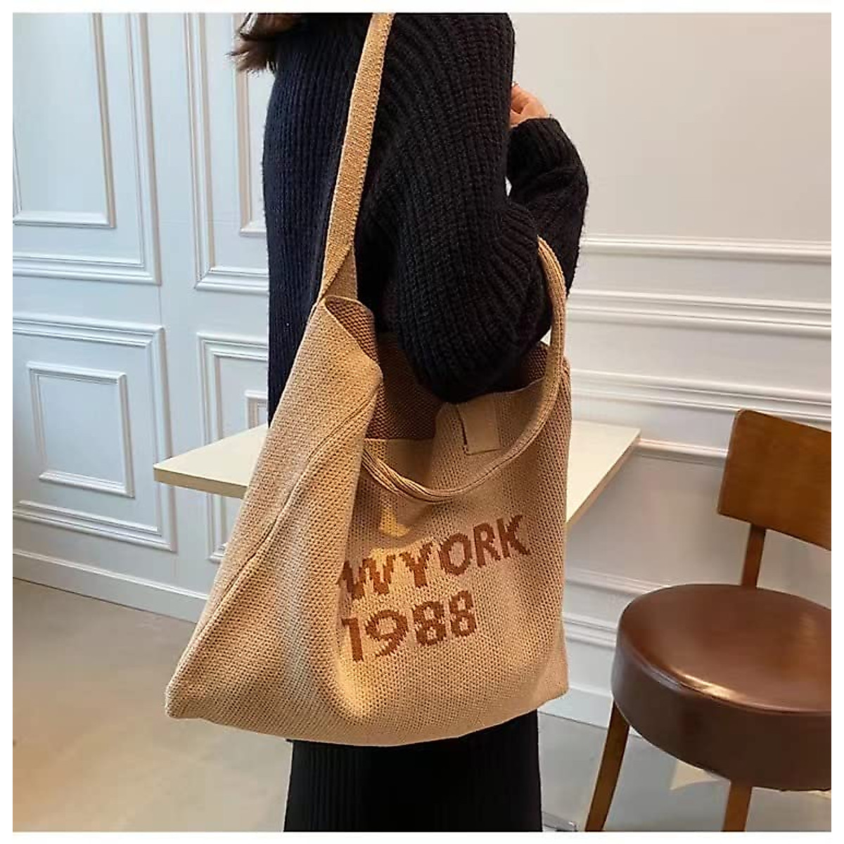 Fairy Grunge Grapheme Crochet Tote Bag Trendy Hobo Bag Cutecore Shoulder Bag Knitted Handbags Y2K Aesthetic Acceaaories (Apricot)