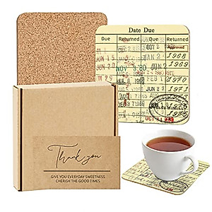 Vintage Library Due Date Card Coaster Set, 4pcs Library Card Coasters with Gift Card, Creative Drink Coffee Mug Coaster Literary Decor Library Gifts for Book Lovers Librarians Writers