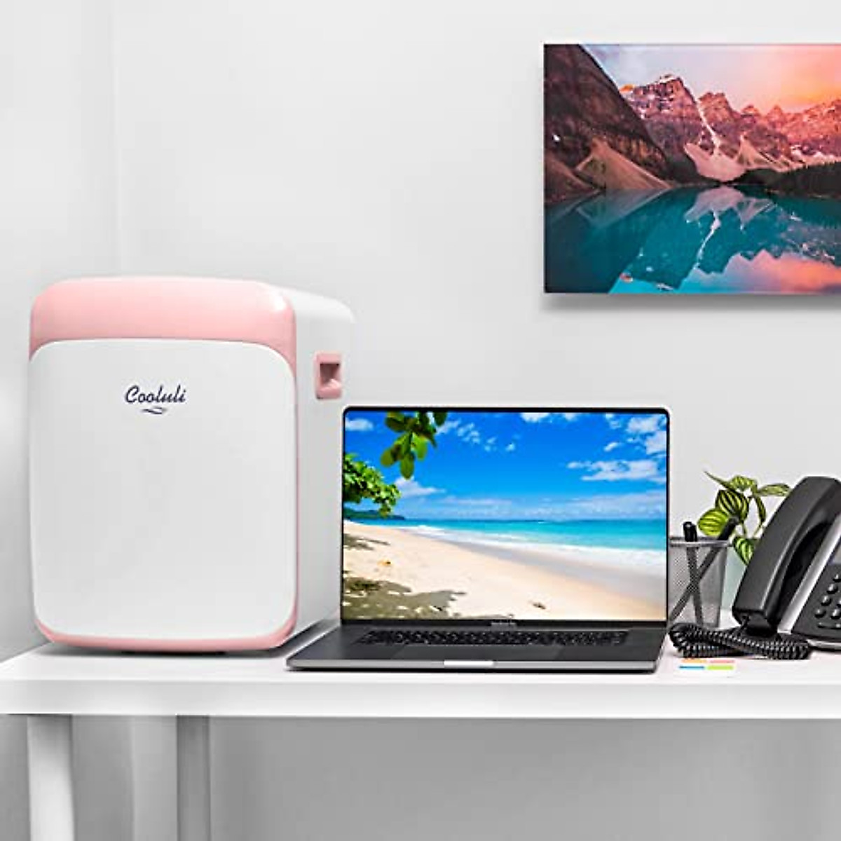 Cooluli 15L Mini Fridge for Bedroom - Car, Office Desk & College Dorm Room - 12V Portable Cooler & Warmer for Food, Drinks, Skin Care, Beauty, Makeup & Cosmetics - AC/DC Small Refrigerator (Pink)