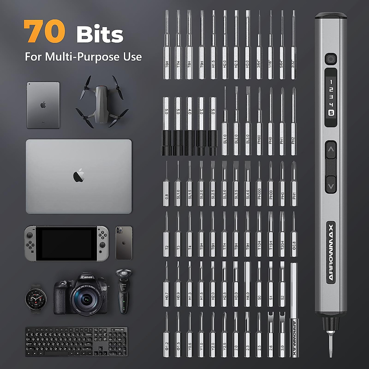 AM ARROWMAX Electric Screwdriver, 74 in 1 Mini Power Screwdriver Set w/ 70 Magnetic Bits, 5 Torque Modes, Red Dot, IF Winning Design, Rechargeable Small Cordless Screwdriver for Phone, DIY (SES ULTRA)