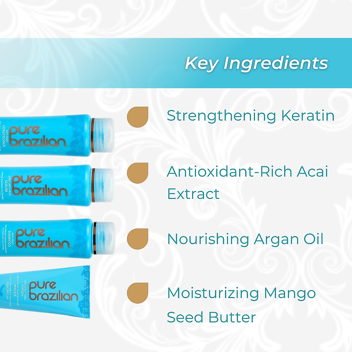 Pure Brazilian 4-Piece Essential Travel Size Kit: Anti-Frizz Shampoo, Conditioner, Serum & Masque