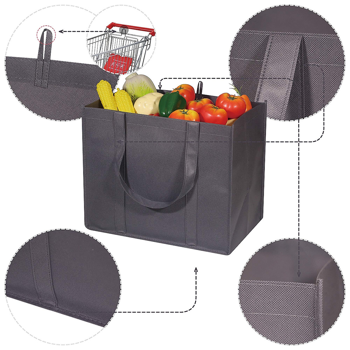 DIOMMELL 16 Pack Reusable Grocery Bags Large Foldable Heavy Duty Shopping Tote Produce Bag with Reinforced Handles for Groceries Clothes Vegetables Fruit, Black Gery Beige