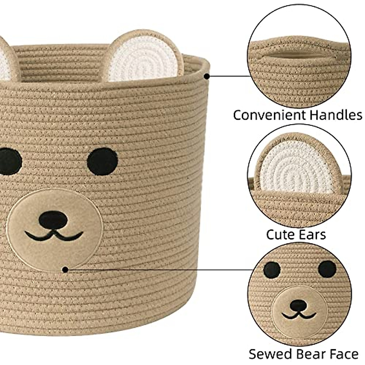 Bear Laundry Baskets Laundry Hamper Storage Basket with Handles,Decorative Basket for Living room,Woven Storage Basket for Toys Bin Pillows Blankets Clothes (Khaki)