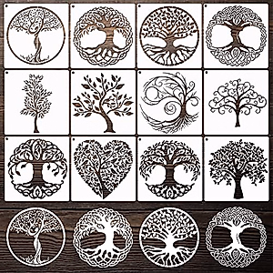 Tree Stencils Tree of Life Stencil for Painting on Wood Airbrush Natural Plants Small Palm Tree Drawing Templates for Canvas Wall Floor Decor DIY Art Crafts and Decorations (12pcs 5.9in Tree)