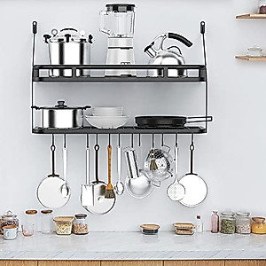 ChefHachiro Kitchen Pot Rack, Heavy Duty Wall Mount Pots and Pans Organizer, 2-Tier Wall Shelves with 12 S Hooks for Kitchen Cookware Utensils