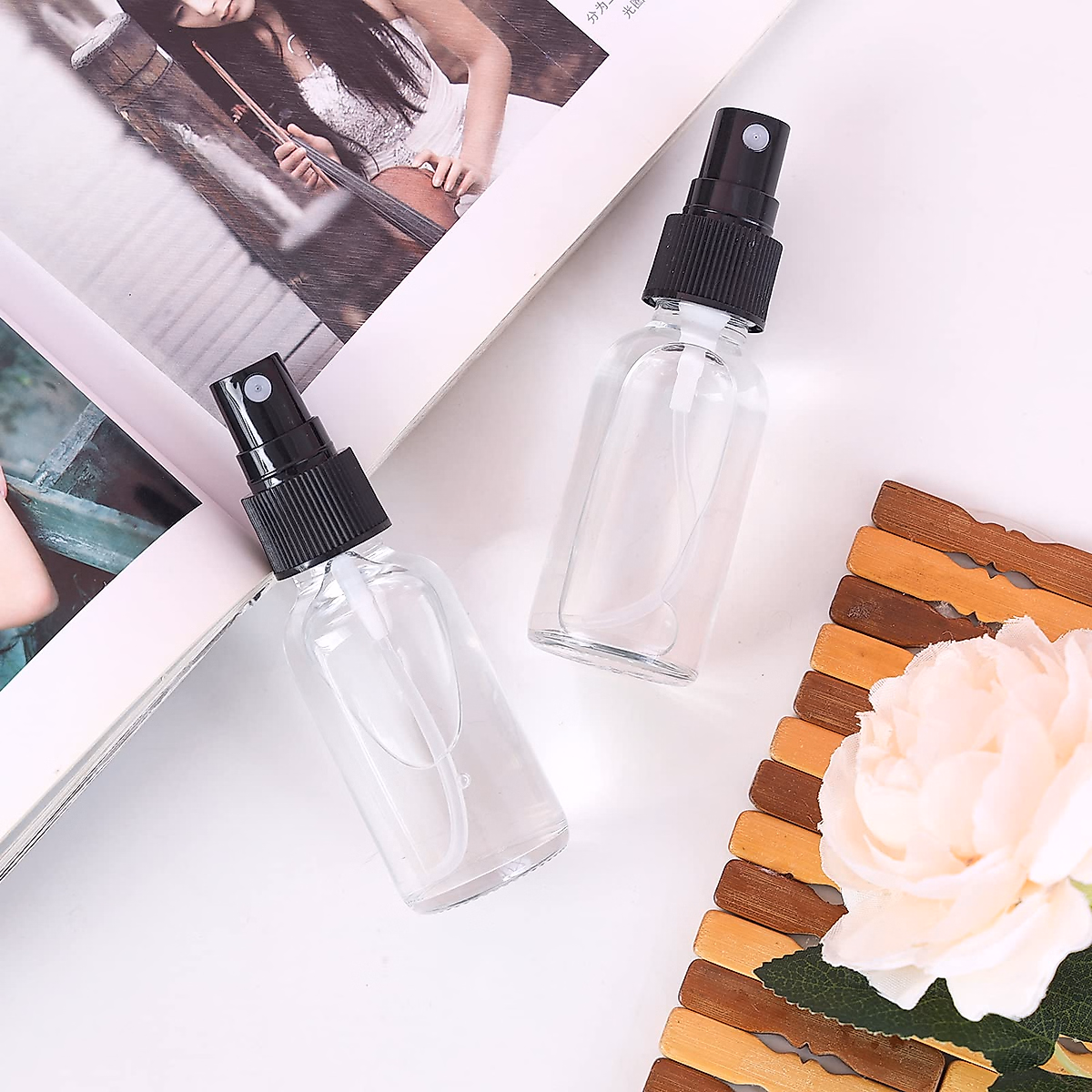 YONKAN 2oz Glass Spray Bottle, Fine Mist Boston Glass Bottles with Black Fine Mist Sprayer Small Clear Bottles for Essential Oils, Bath, Beauty, Hair & Cleaning, Clear, Pack of 48