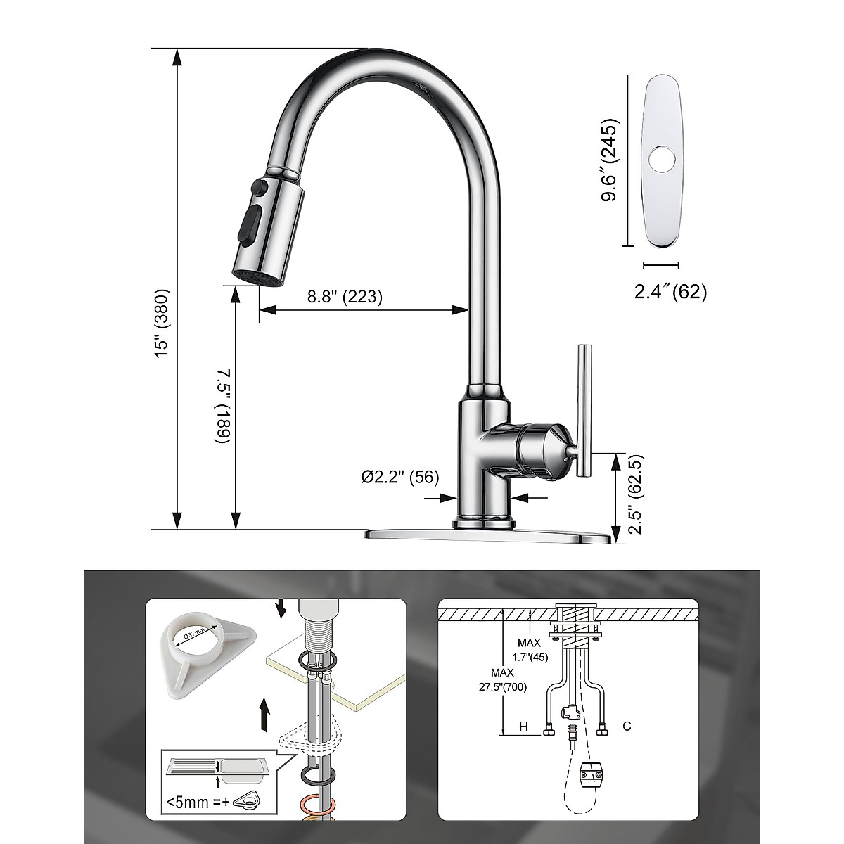 WOWOW 3 Hole Widespread Bathroom Faucet Chrome Bathroom Sink Faucets 2 Handle Bath Faucet 8 inch and Kitchen Faucets with Pull Down Sprayer