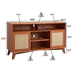 OKD TV Stand for 65+ Inch TV, 32'' Tall Highboy Entertainment Center, Mid Century Modern Media TV Console with Natural Rattan Door, Adjustable Shelves, Boho Television Stand, Cherry