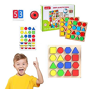 Color Sensory Educational Toy Shape Matching Game Wooden Montessori Puzzles Shape Montessori Toddler Sensory Board with Scoreboard, Bell and Cards for Kids 1 5 8 13 Years Old (for 2 Players)