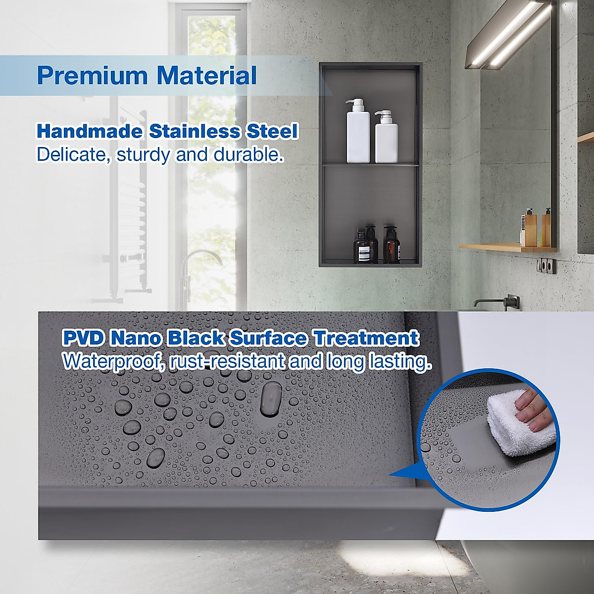 ZDHHT Black Shower Niche Wall Inserted, 12" X 24" X 4" Black Stainless Steel Shower Niche Double Shelves Recessed Modern Wall Niches No Tile Needed, for Kitchen Bathroom Bedroom or Tub Storage