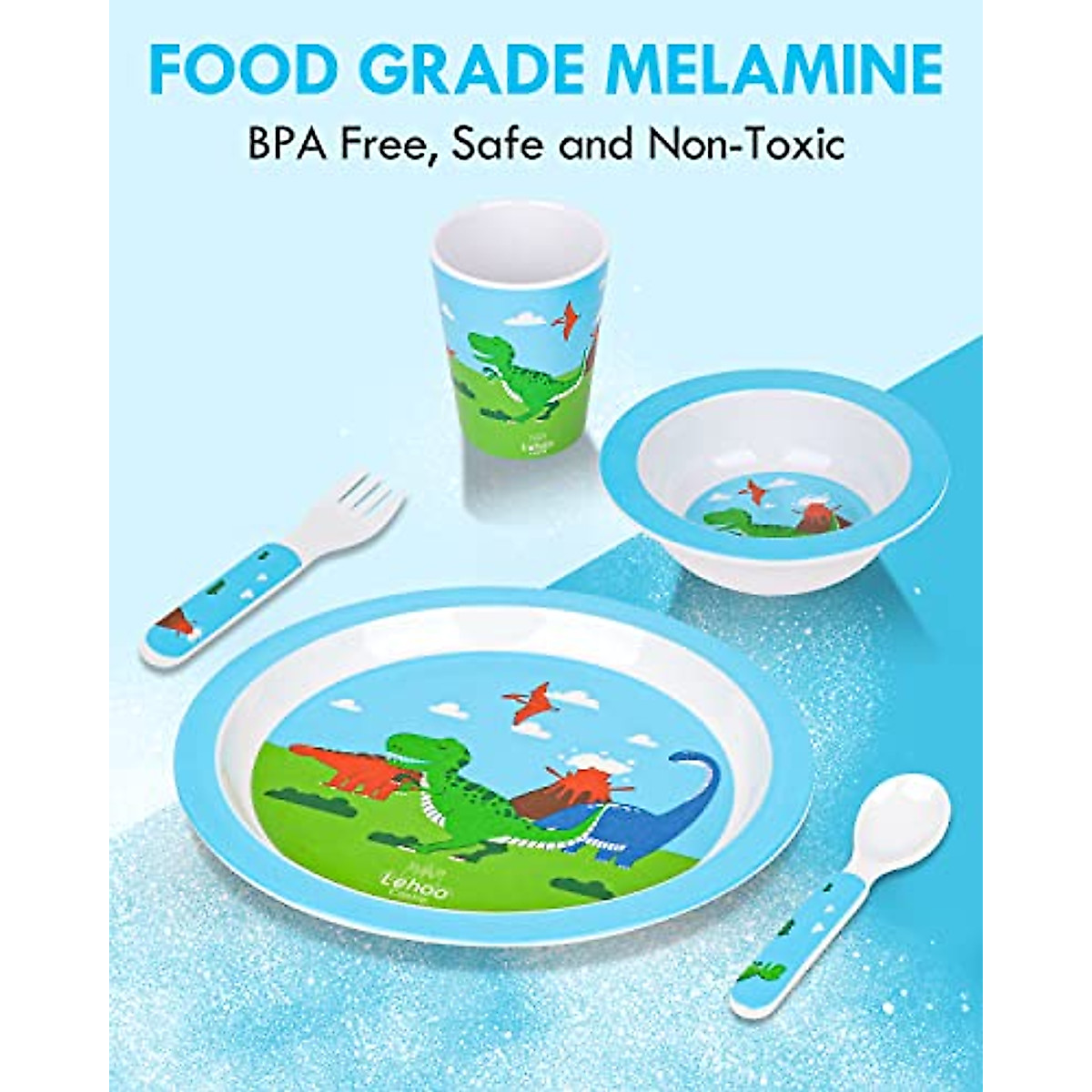 Lehoo Castle Kids Plates and Bowls Sets, 5 Piece Baby Feeding Set - Includes Plate, Bowl, Cup, Fork and Spoon Utensil Flatware, Kids Dinnerware Set for Kids, Toddlers (Dinosaur)