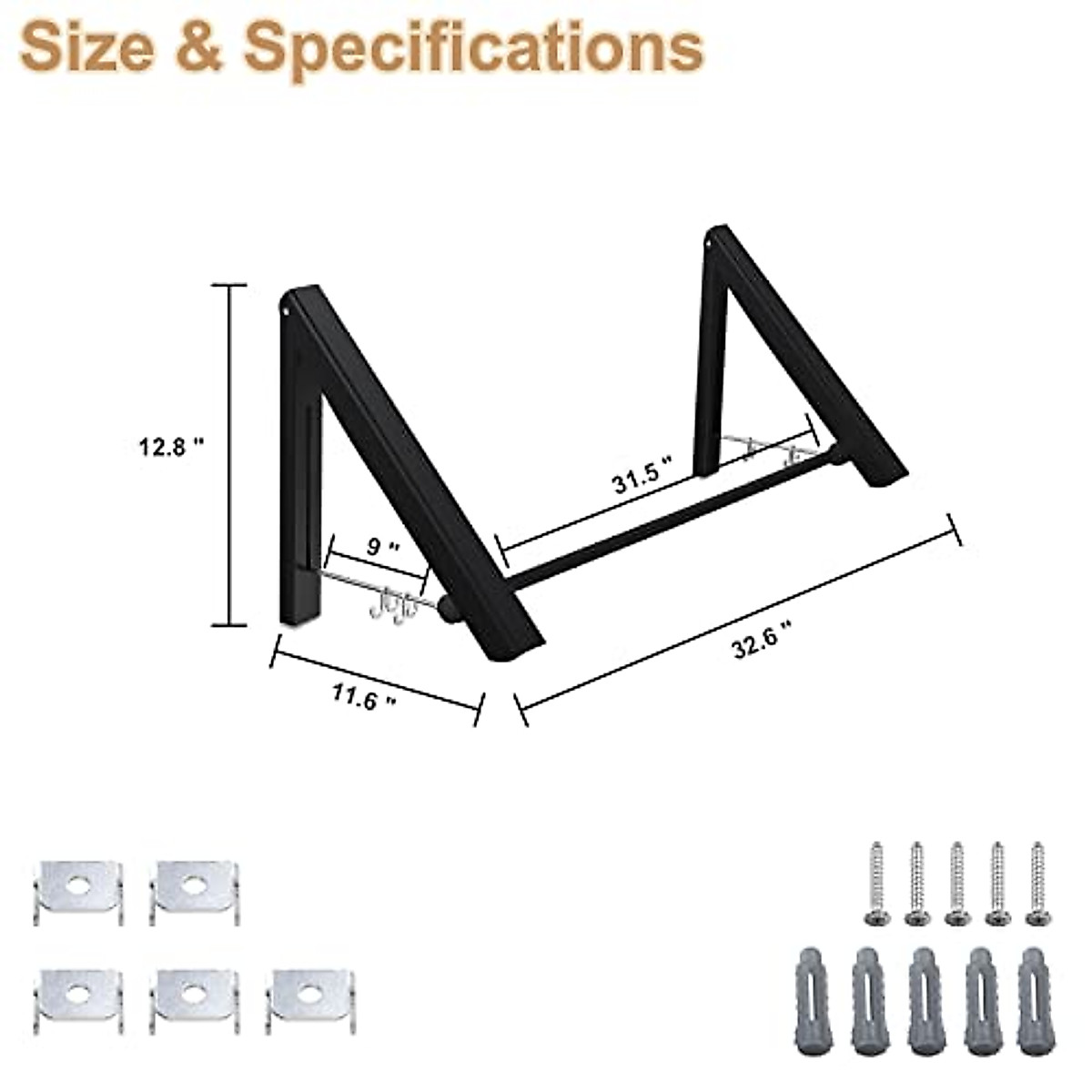 Clothes Drying Rack Folding Indoor with 32” Rod, Wall Mounted Foldable Clothes Hanger for Laundry Room, Collapsible Small Laundry Drying Rack for Dryer Room Closet Organization (2 Pack, Black)