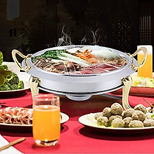 ZJUAN Hotpot Stainless Steel Hotpot Set Mini Hotpot Pot Holder Tempered Glass Lid Gold Silver Chafing Dish Buffet Pan Food Tray Warmer Stainless Steel Shabu Hot Divider Hot Pot Stockpot-Gold||24cm