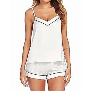 Ekouaer Pajamas for Women Silk Sleepwear Camisole Pjs Set Satin Nightwear with Pockets (White,S)