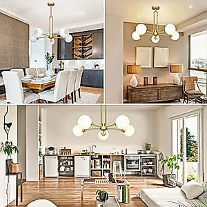 Gold Globe Chandelier Pendant Lighting, 5-Light Kitchen Light Fixtures, Mid-Century Modern Large Semi-Flush Ceiling Light Fixture with Frosted Globe Glass for Dining Room Living Room Bedroom Brass