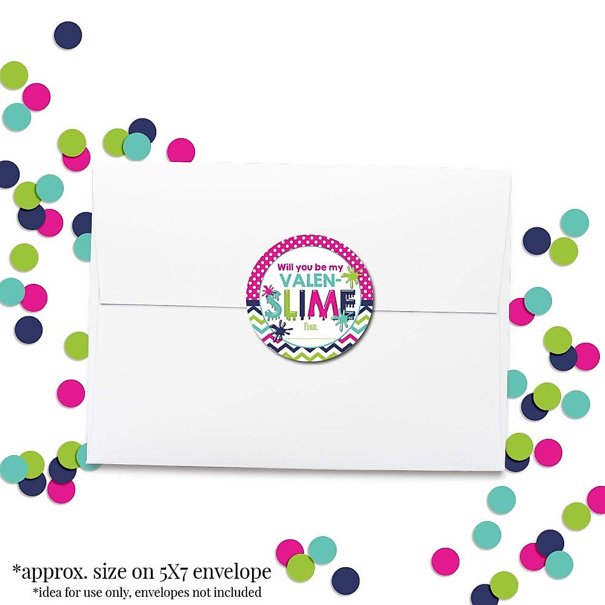 Slime Time Valentine Party Favor Sticker Labels, 40 2" Party Circle Stickers by AmandaCreation, Great for Classroom Valentines, Envelope Seals, Gifts & Treats