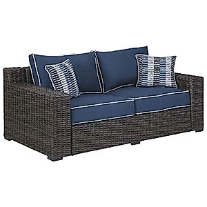 Signature Design by Ashley Grasson Lane Modern Farmhouse Outdoor Patio Loveseat, Brown & Blue
