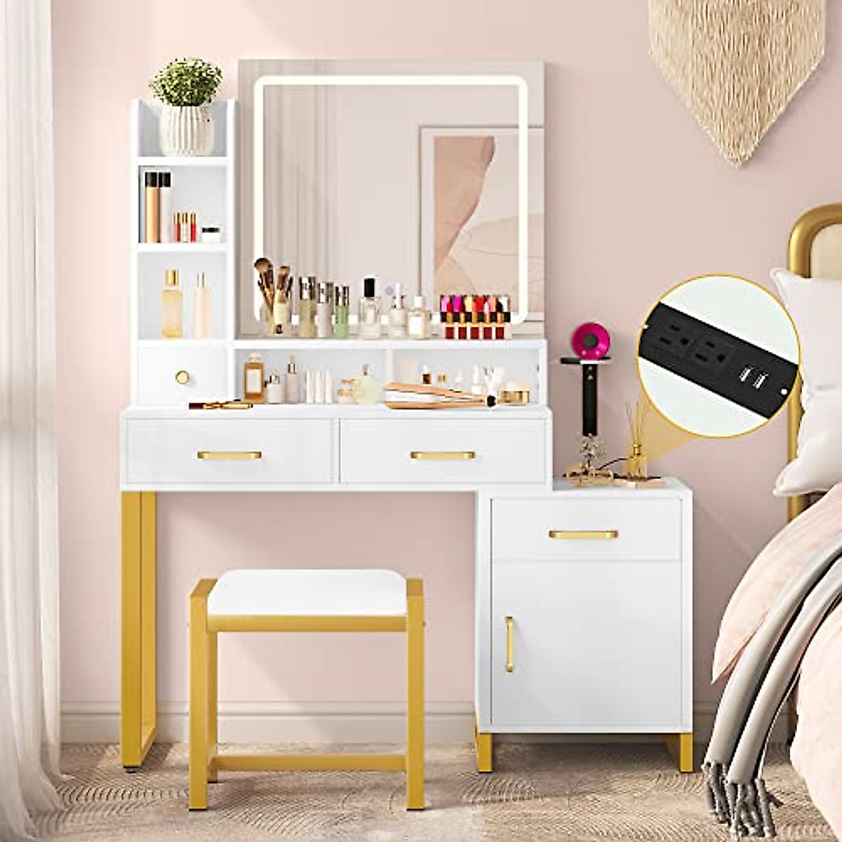 DWVO Vanity Desk with Mirror and Lights, Makeup Vanity with Lights and Drawers, Vanity Mirror with Lights and Table Set, 3 Color Adjustable Lighting Brightness & Power Outlet, White