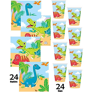 Serves 24 Complete Party Pack Dinosaur Birthday Party Supplies 9" Dinner Paper Plates 7" Dessert Paper Plates 9 oz Cups 3 Ply Napkins Dinosaur Themed Birthday Party Supplies