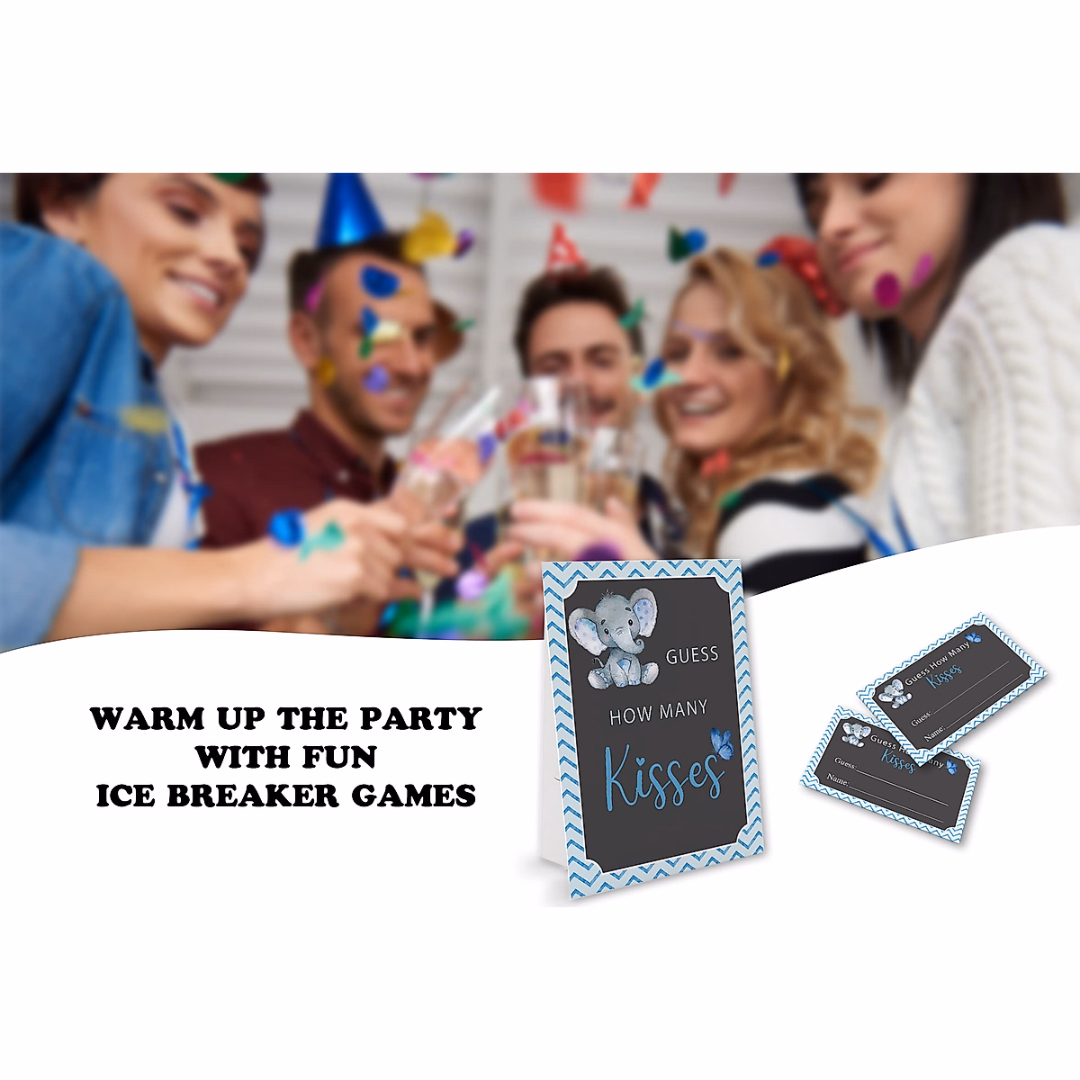 Guess How Many Kisses Are in the Jar Game-1 Standing Sign and 50 Guessing Cards, Elephant Bridal Shower Games, Baby Shower Sign, for Boys Girls Baby Shower Favors and Weddings Party Decoration-19