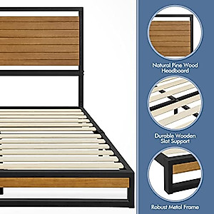 Yaheetech 37 Inch Metal Platform Bed Frame with Wood Headboard Solid Wood & Steel Construction No Box Spring Needed Wood Slat Support Easy Assembly Chestnut Brown Full